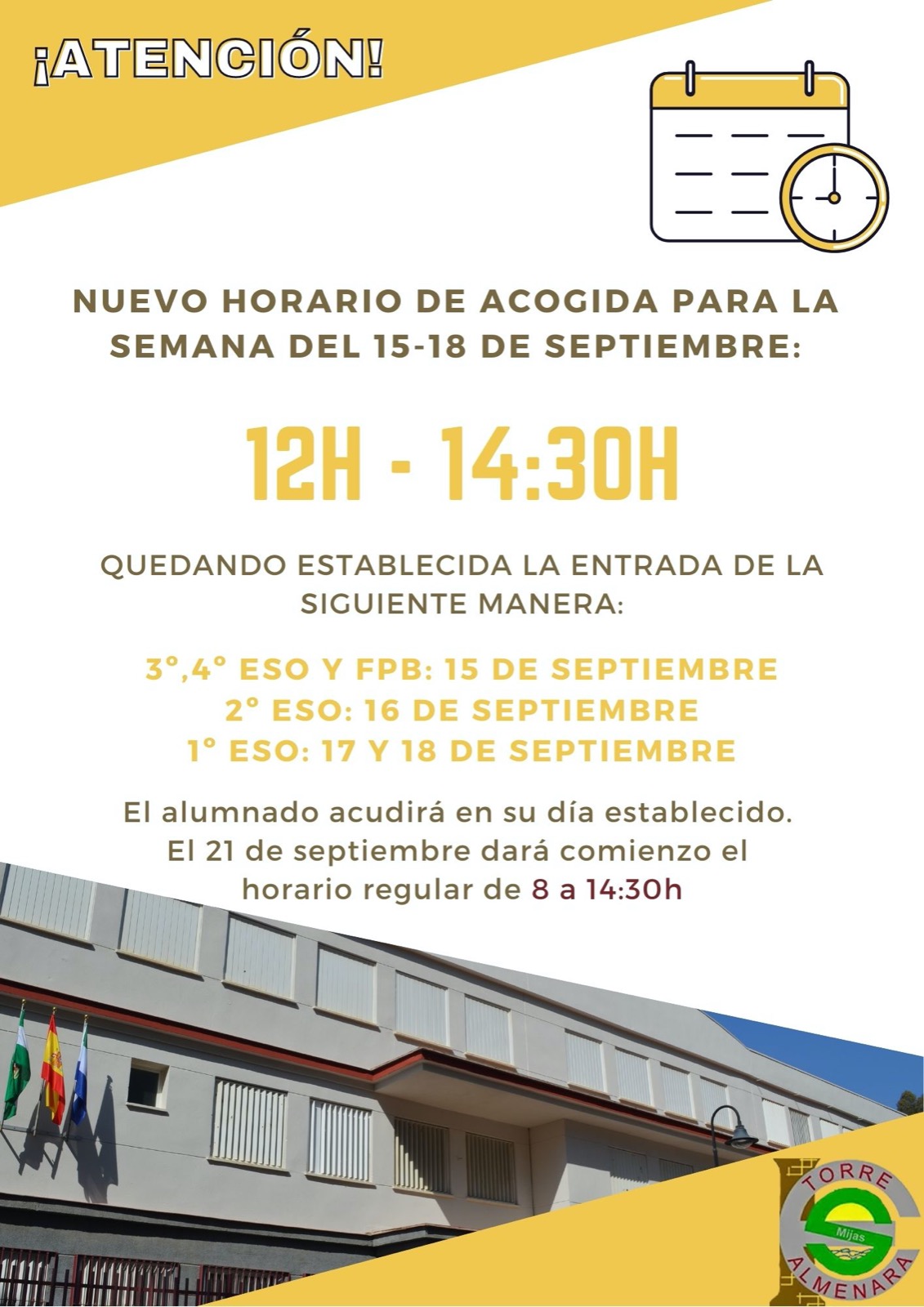 Nuevo horario de acogida para la semana del 15-18 de septiembre – I.E.S Torre Almenara